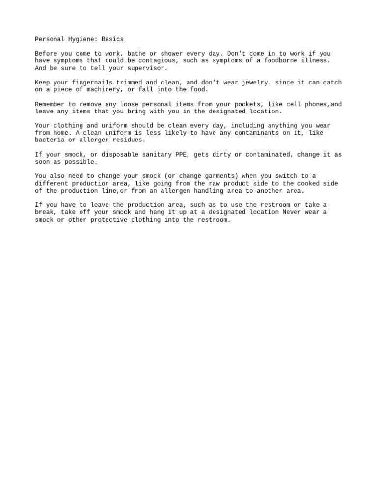 Workplace Personal Hygiene Guidelines | PDF