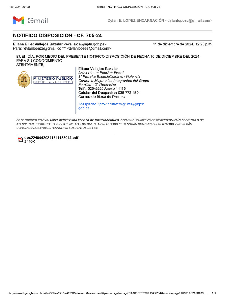 Gmail 11 DIC. 2024 12:25 HRS., Notificación y DISPOSICIÓN N.° 01. Cf. N.° 705-2024. OCR. 5p ...