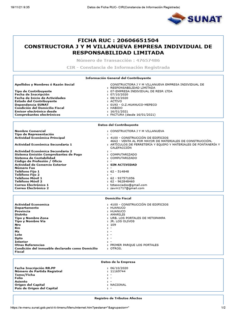 Ficha RUC Constructora J Y M Villanueva | PDF