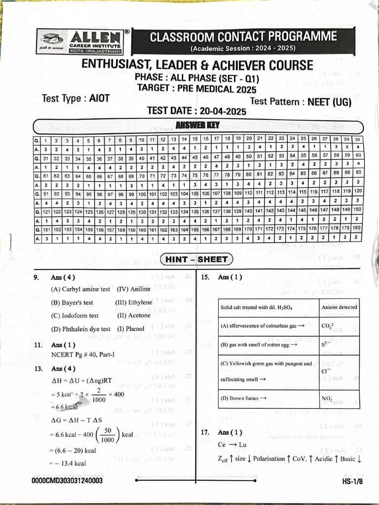 AIOT 20 April SET - Q1 NEET Answer Key Only | PDF
