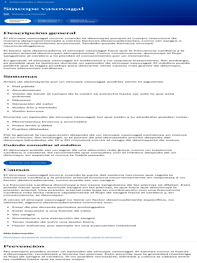 Síncope Vasovagal - Síntomas y Causas - Mayo Clinic | PDF | Síntomas y ...