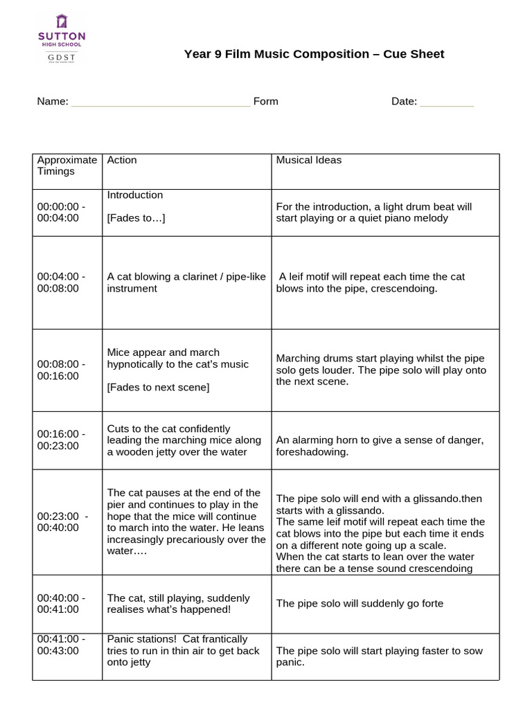 SHS - Music For Film Yr 9 Cartoon Cue Sheet | PDF | Musical ...