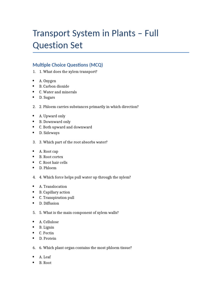 Transport System MCQs Full | PDF | Plant Stem | Botany