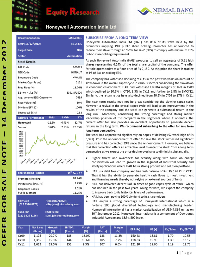 Honeywell Automation OFS Note Dec 2012 | PDF | Honeywell | Stocks