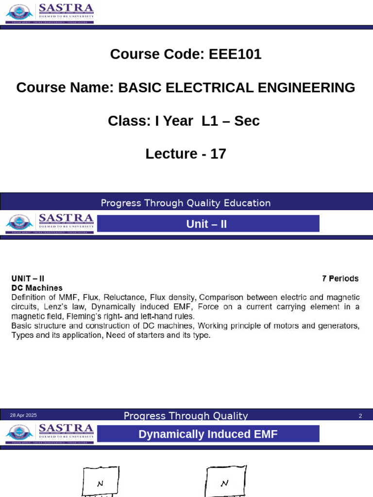 UNIT II- BEE - LECTURE 17-Dynamically Induced EMF-Fleming's Rule-Construction of DC Machine ...