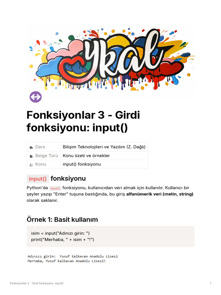 Fonksiyonlar 3 - Girdi Fonksiyonu Input | PDF