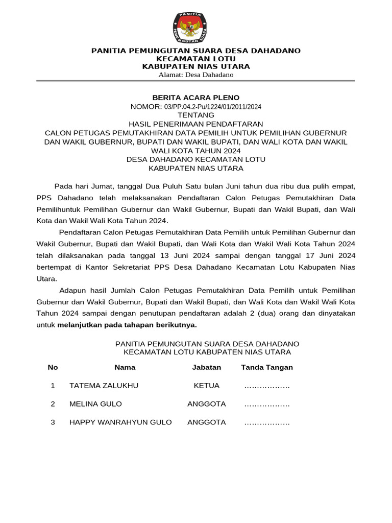 Berita Acara Hasil Penerimaan Pendaftaran Pantarlih | PDF