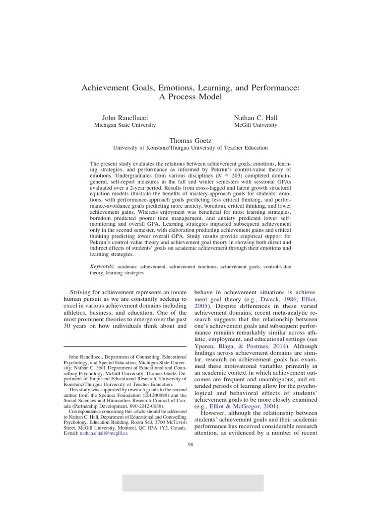 Achievement Goals, Emotions, Learning, and Performance - A Process Model. | PDF | Emotions | Goal