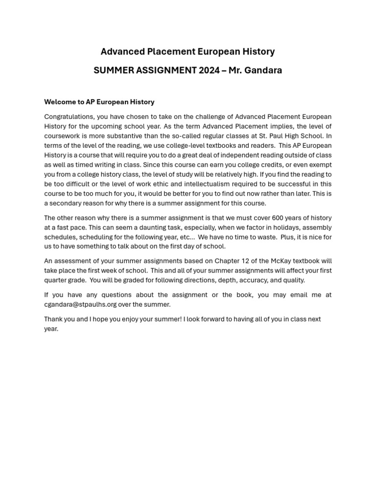 AP Euro Hist Summer Assignment 2024-2025 2 | PDF | Pope | Saint Peter