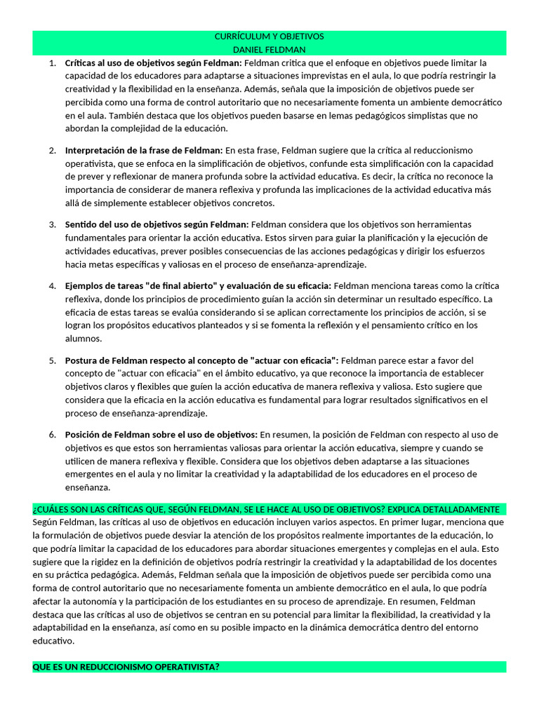 Resumen Currículum y Objetivos - Feldman | PDF | Enseñando | Plan de estudios
