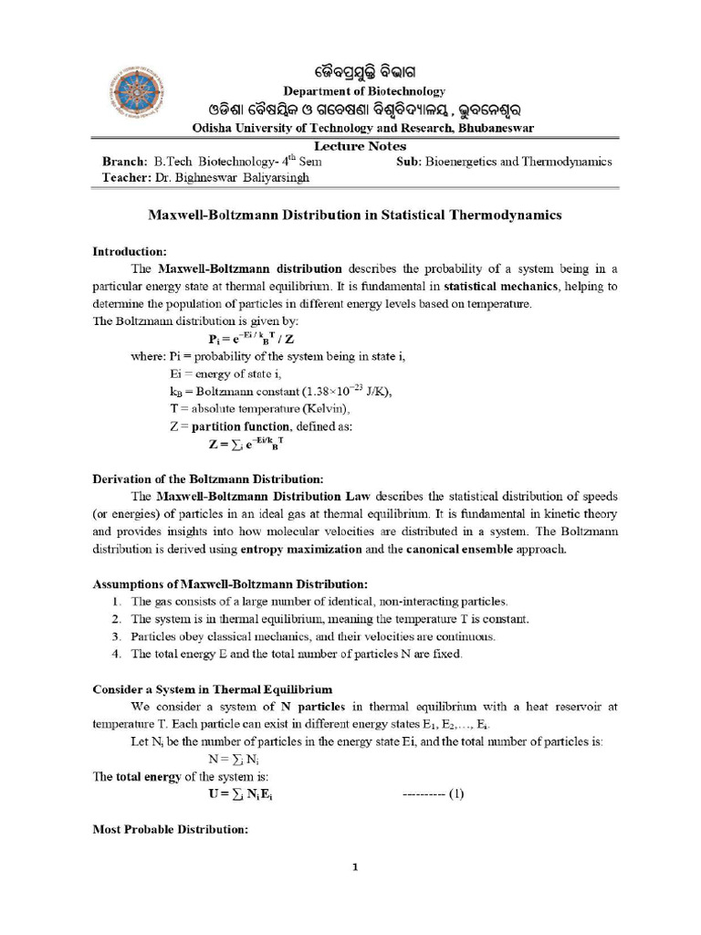 Handout BioEnergetics 06 Boltzmann Distribution Stdu | PDF