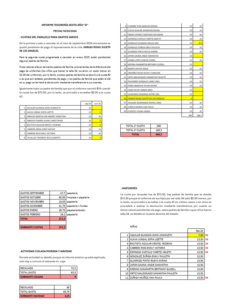 Informe Tesorería Sexto Año D 2024 | PDF