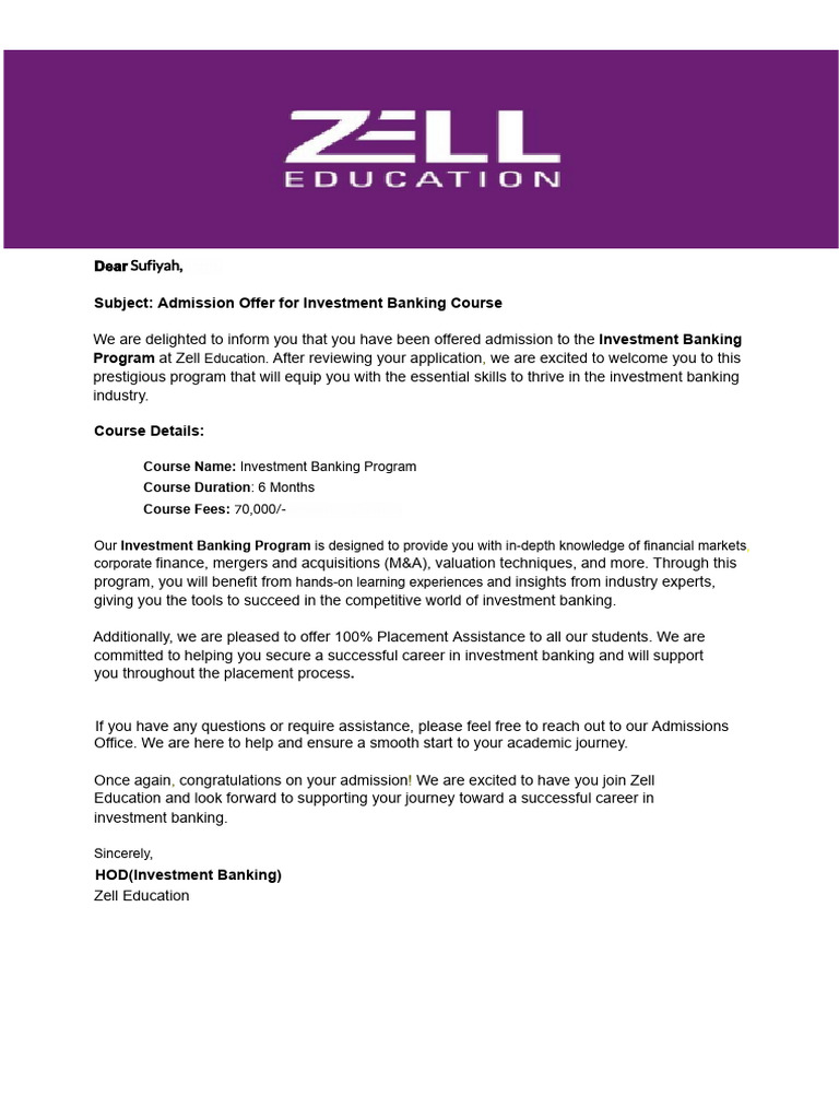Zell Education Investment Banking Offer | PDF