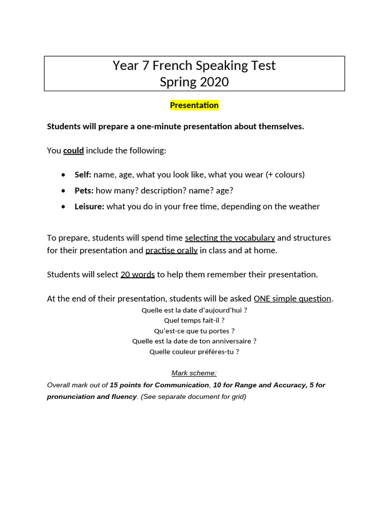 Year 7 French Speaking Test Guide | PDF