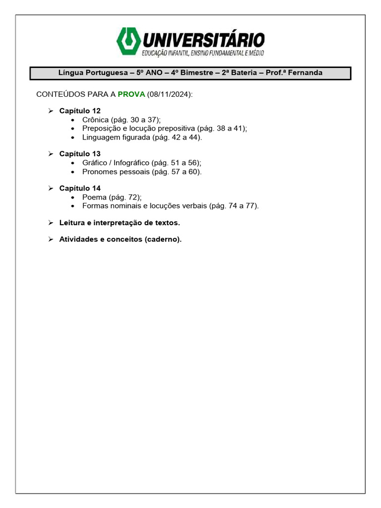 CONTEÃ DOS DE LÃ NGUA PORTUGUESA - 4Âº BIMESTRE - 2Â BATERIA - 5Âº Ano - 2024 - Prof.Â Fernanda ...
