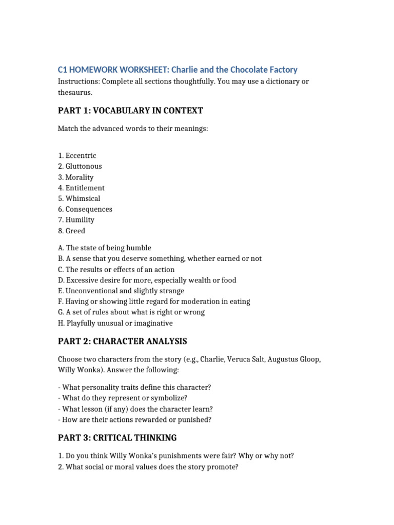 Charlie and The Chocolate Factory C1 Homework Worksheet | PDF