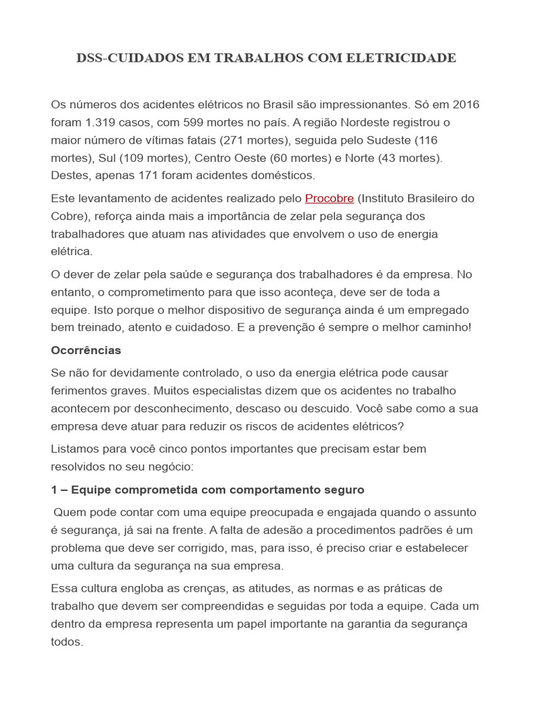 Dss-Cuidados em Trabalhos Com Eletricidade | PDF | Eletricidade | Brasil