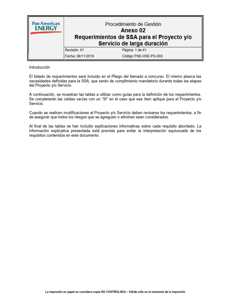 Anexo 02 Requerimientos de SSA para El Proyecto de Larga Duración BALKO ...