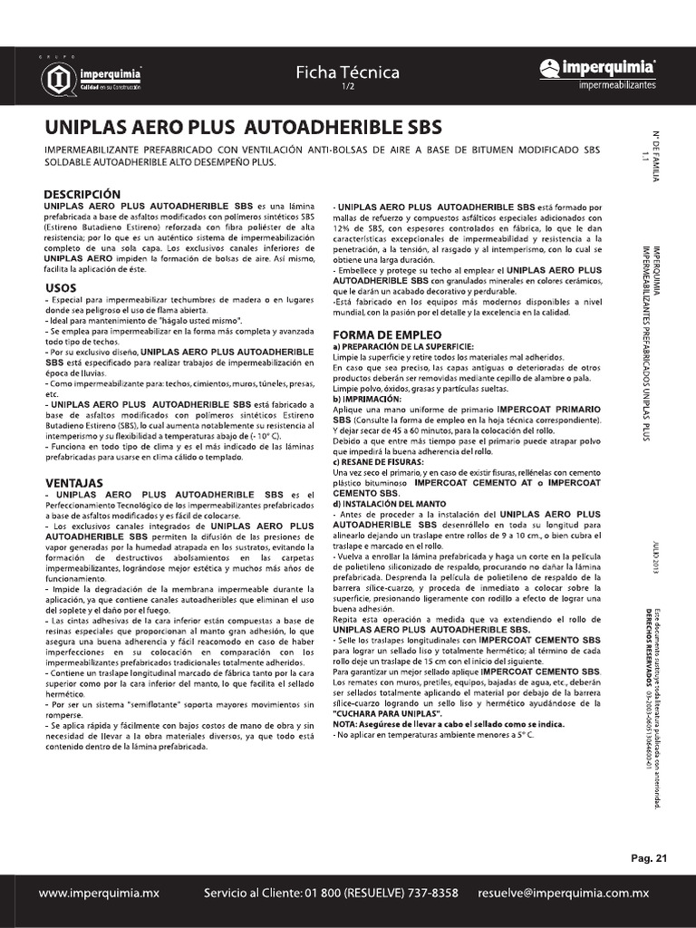 h21 Uniplas Aero Plus Autoadherible Sbs | PDF