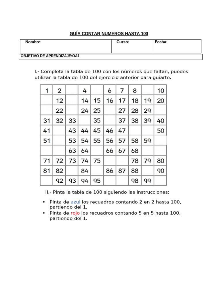 Numeros Hasta 100 | PDF