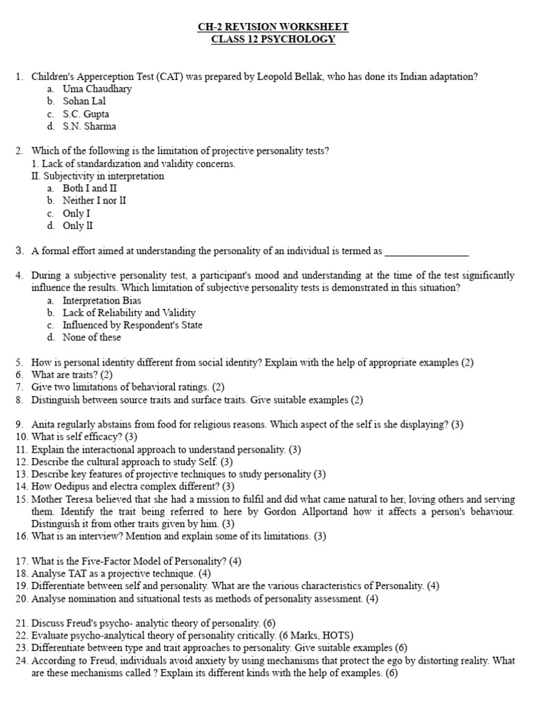 CH-2 Revision Worksheet Class 12 | PDF | Self Actualization | Psychology