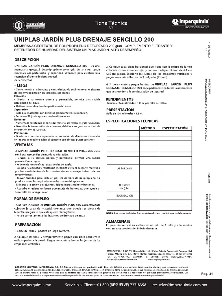 h31 Uniplas Jardín Plus Drenaje Sencillo 200 | PDF