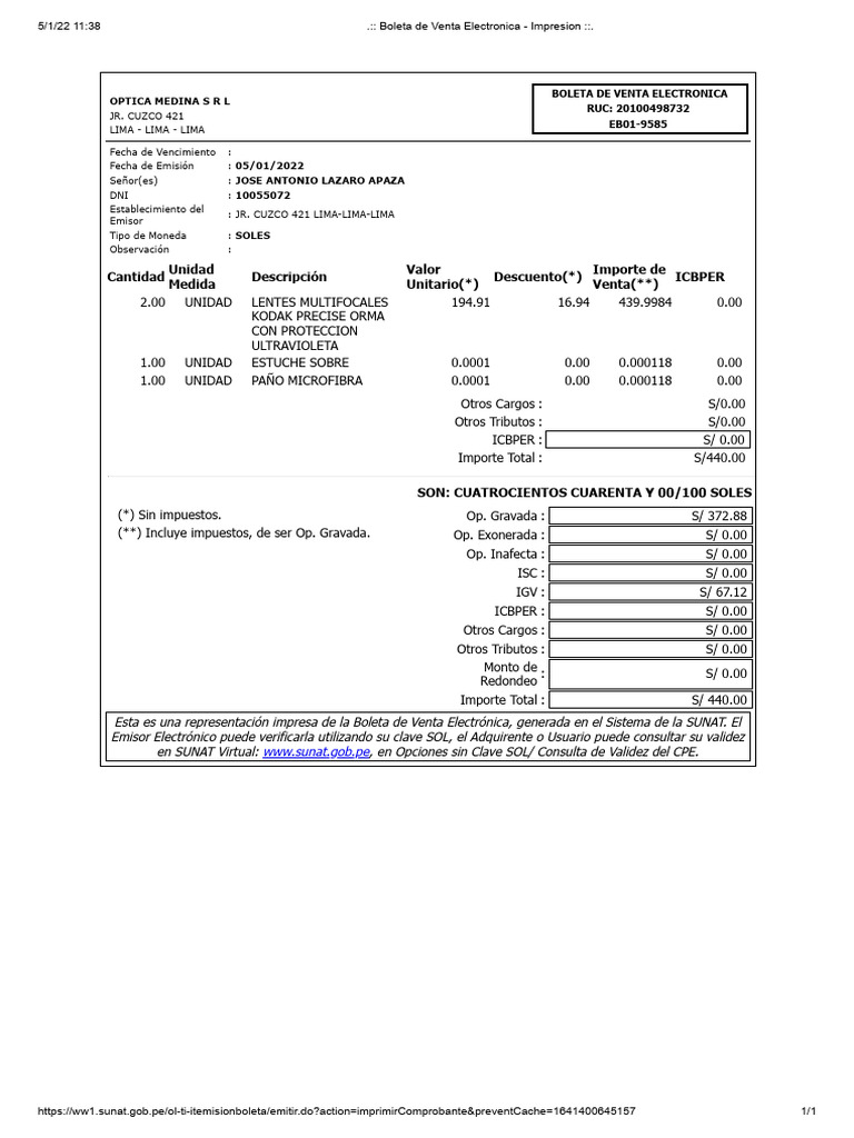 Boleta de Venta Electrónica SUNAT | PDF