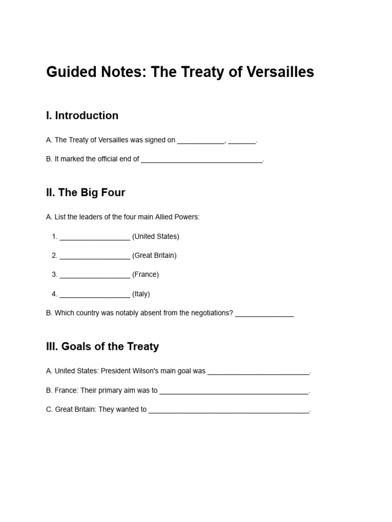 Guided Notes The Treaty of Versailles 1 | PDF