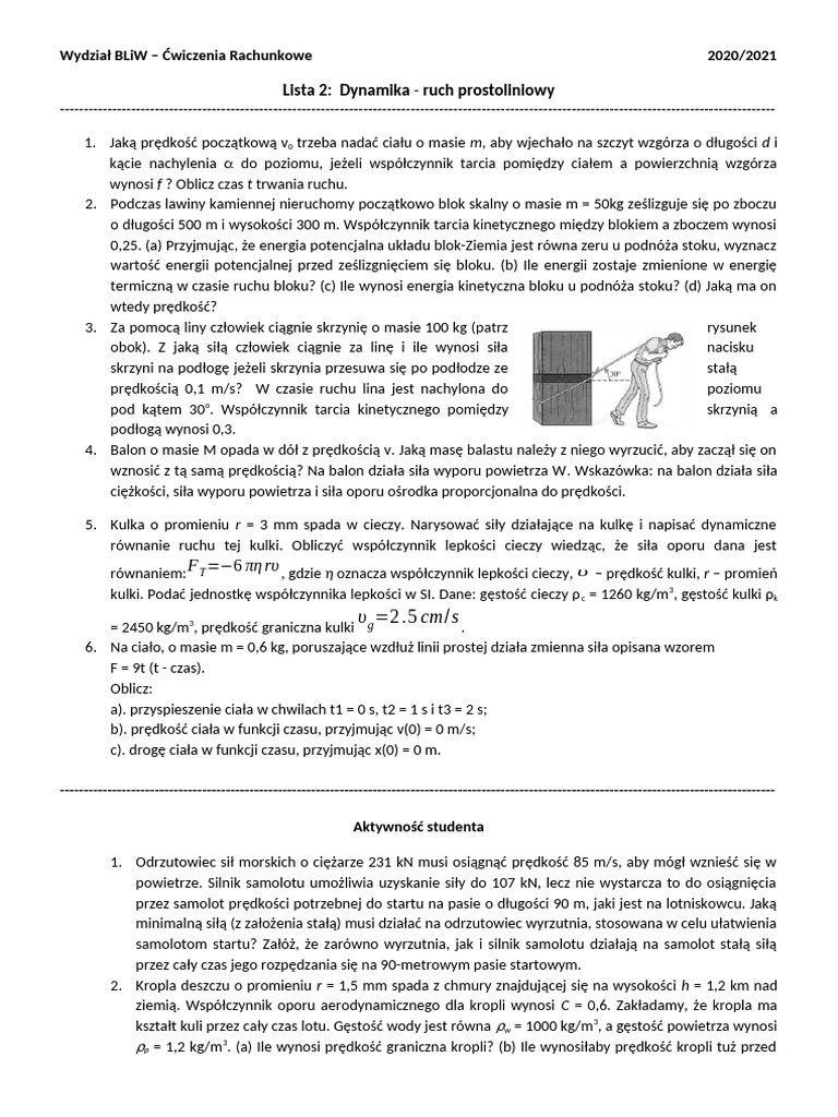 Lista 2: Dynamika Ruch Prostoliniowy: M D F T | PDF