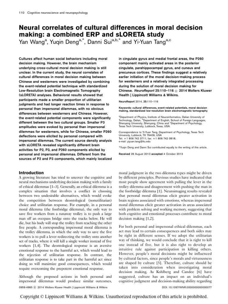 Neural Correlates of Cultural Differences in Moral Decision | PDF ...