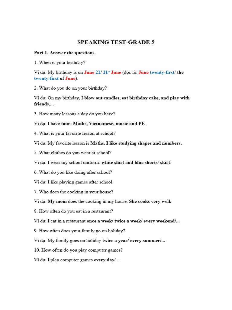 Grade 5 Speaking Test Questions | PDF