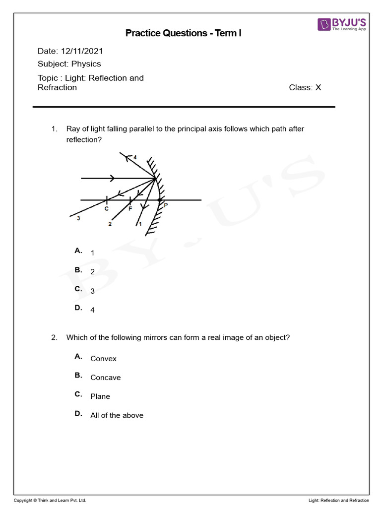 CBSE Class 10 Light Reflection and Refraction MCQ Practice Questions ...