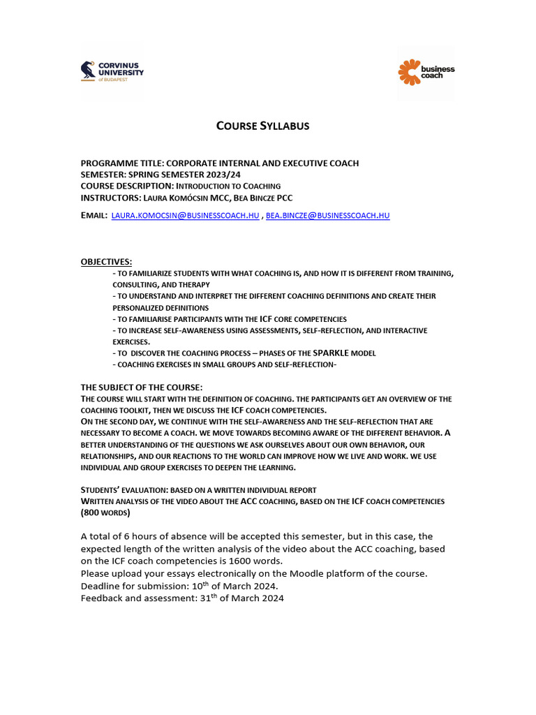 Course Syllabus - Introduction To Coaching | PDF | Behavior Modification | Human Communication