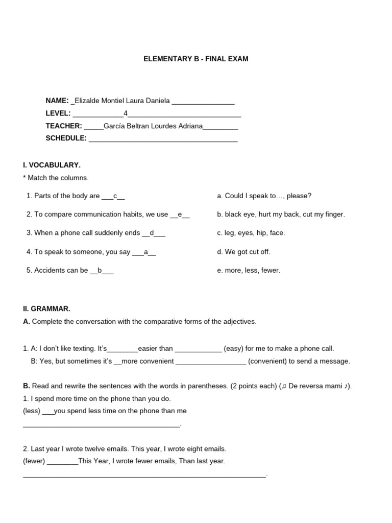 Elementary B Final Exam Review | PDF | Human Communication | Linguistics