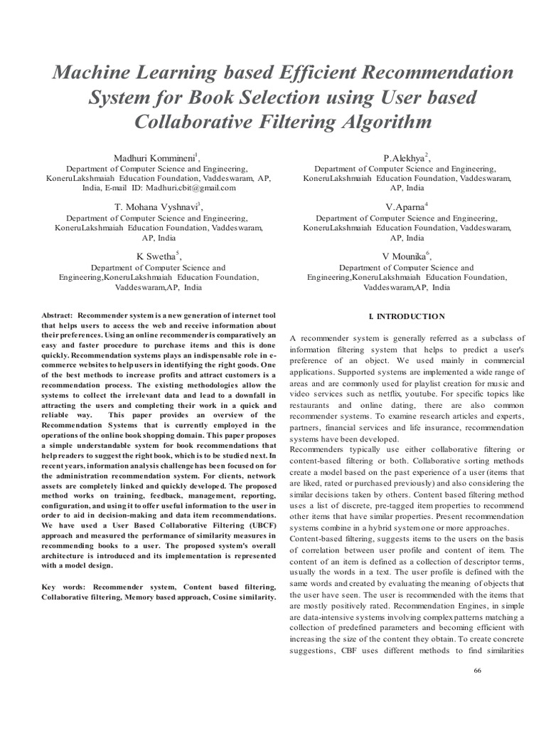 Machine Learning Based Efficient Recommendation System For Book Selection Using User Based