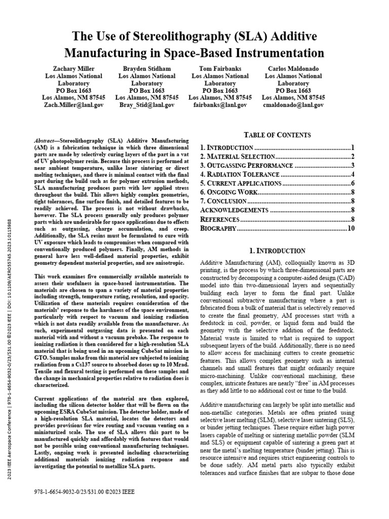 The Use of Stereolithography SLA Additive Manufacturing in Space-Based ...