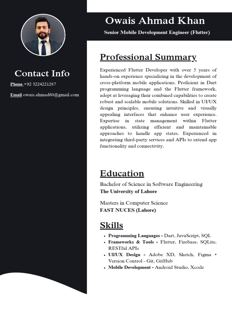 Owais Ahmad Khan - Flutter Developer | PDF | Mobile App | Software Development