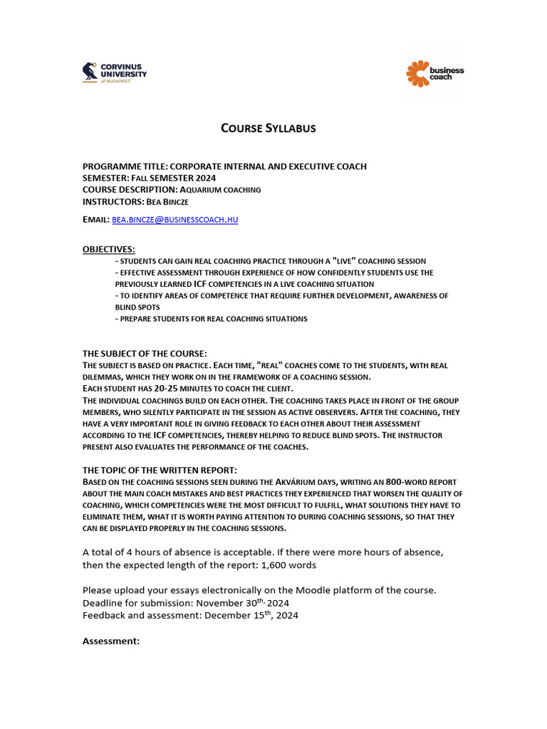 Course Syllabus - Aquarium Coaching | PDF | Cognitive Science | Cognition