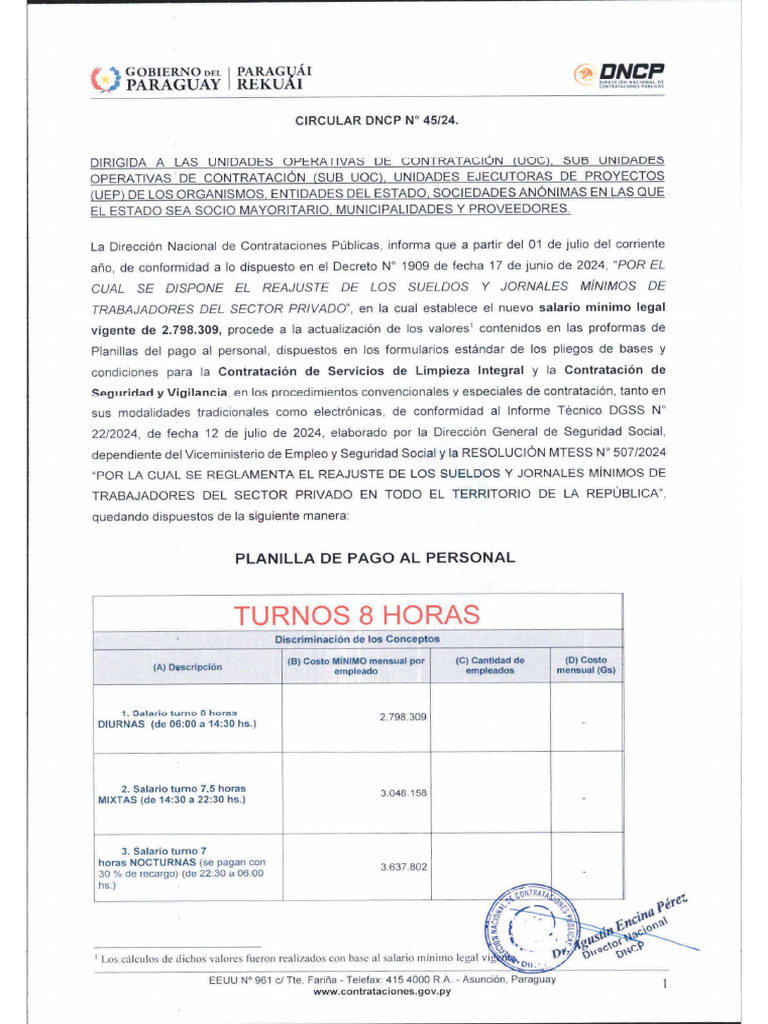 Circular DNCP No. 45-24 Utlizacion de Planillas de Pago Al Personal en Servicios de Seguridad | PDF