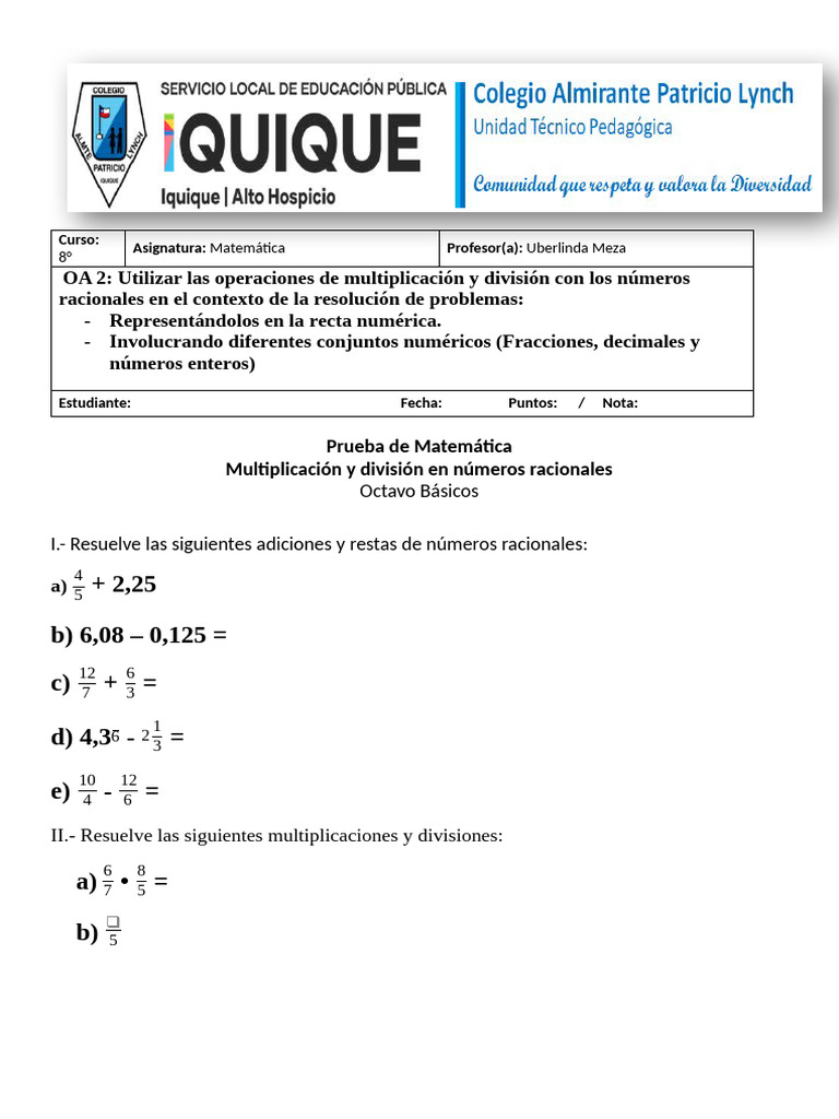 Prueba de Multiplicación y División de Números Racionales | PDF