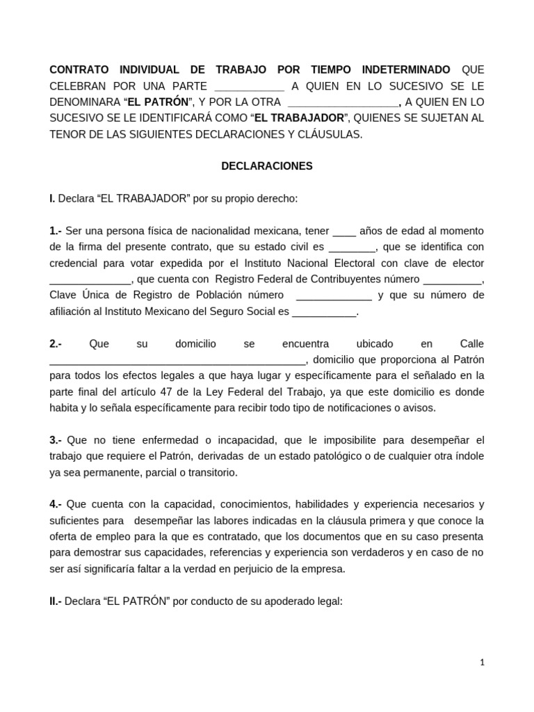 Machote Contrato Tiempo Indeterminado (Planta) | PDF | Salario | Tiempo ...