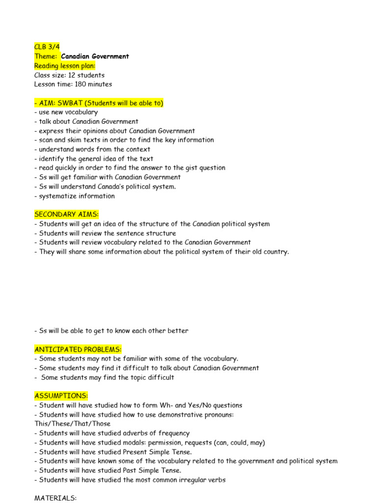 Canadian Government Lesson Plan - ANNA LINNIK | PDF | Member Of ...