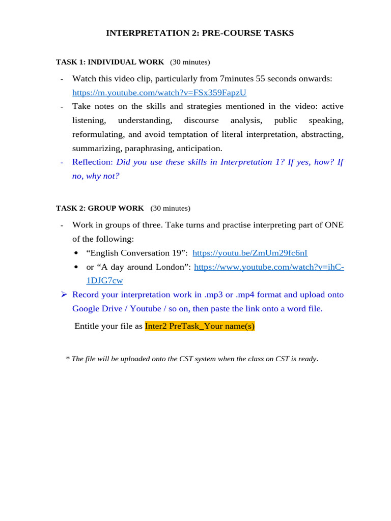 Interpretation 2 - Pre-Course Tasks | PDF