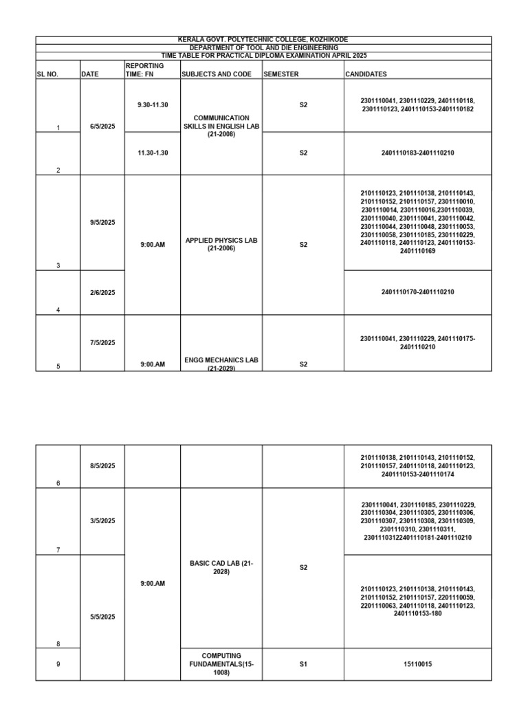 Lab Examination s2 Timetable Final | PDF | Engineering