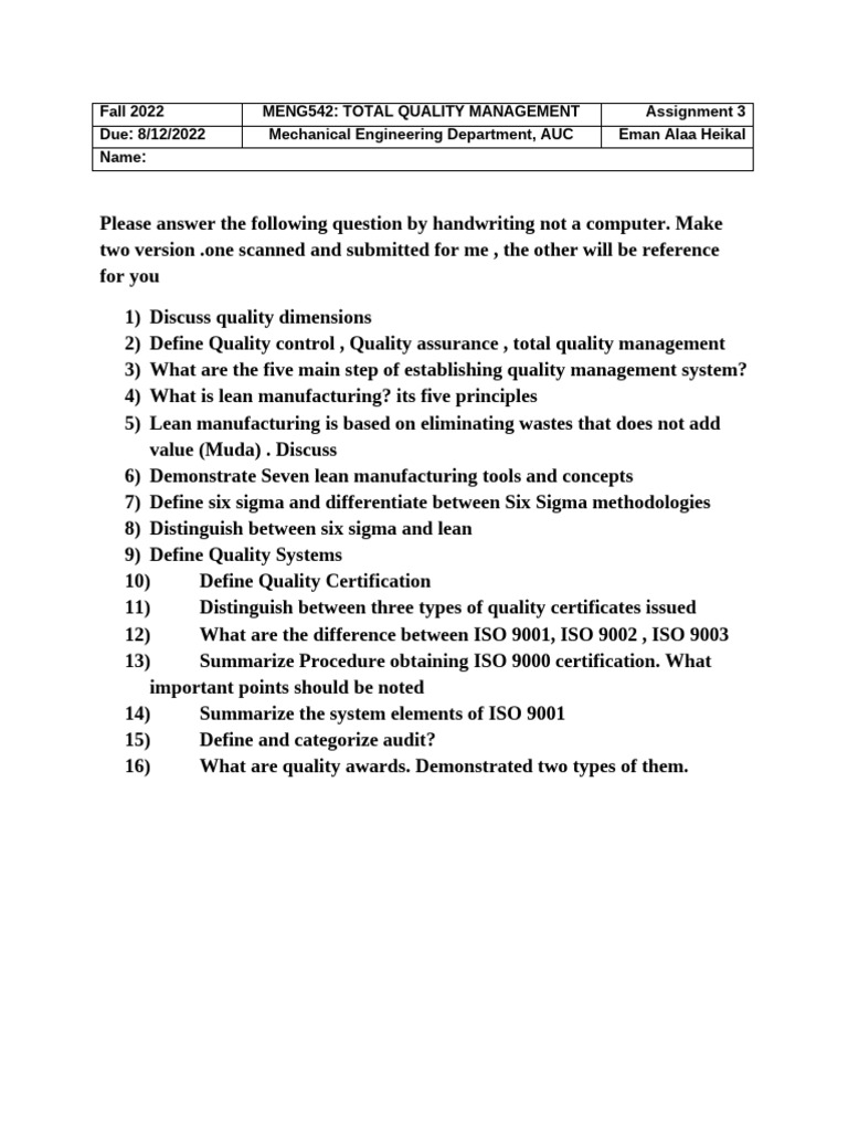 Quality Engineering Assigment Three | PDF