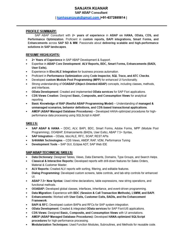 SAP ABAP Consultant Profile Summary | PDF | Computer Engineering | Systems Architecture