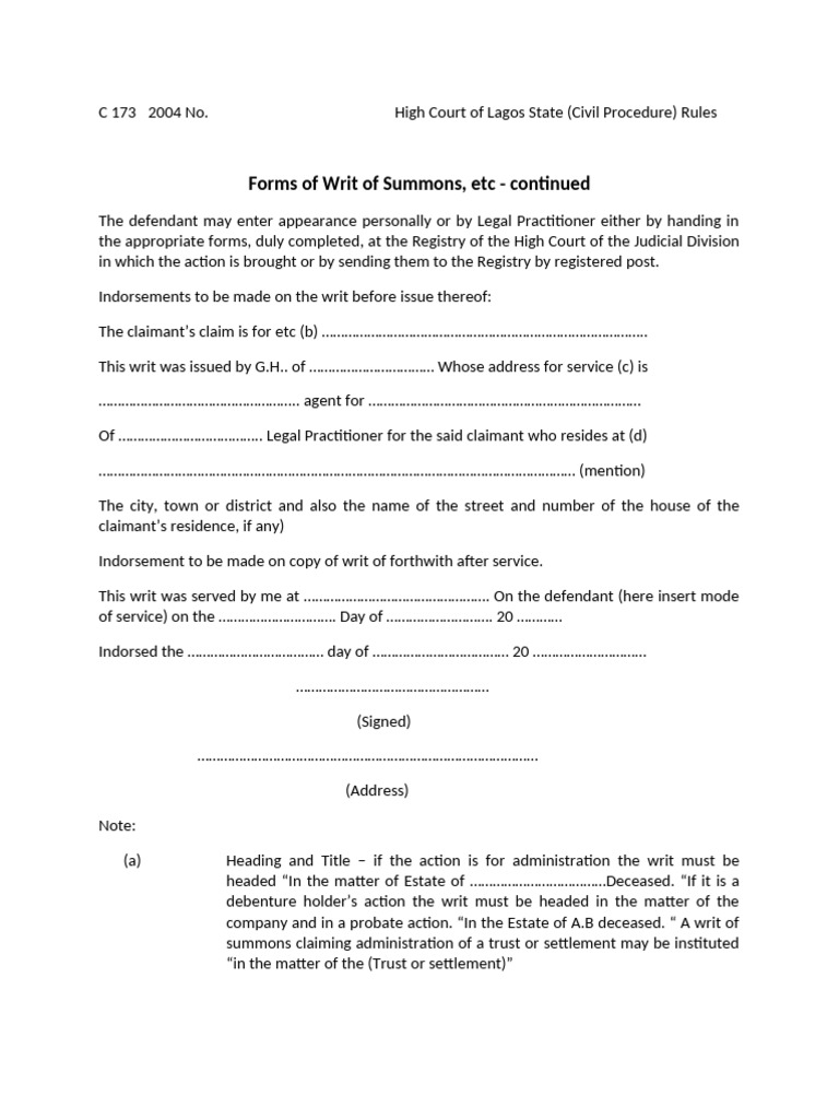 Forms of Writ of Summons | PDF | Legal Documents | Legal Procedure