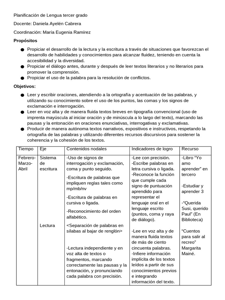 Planificación de Lengua tercer grado | PDF | Puntuación | Coma
