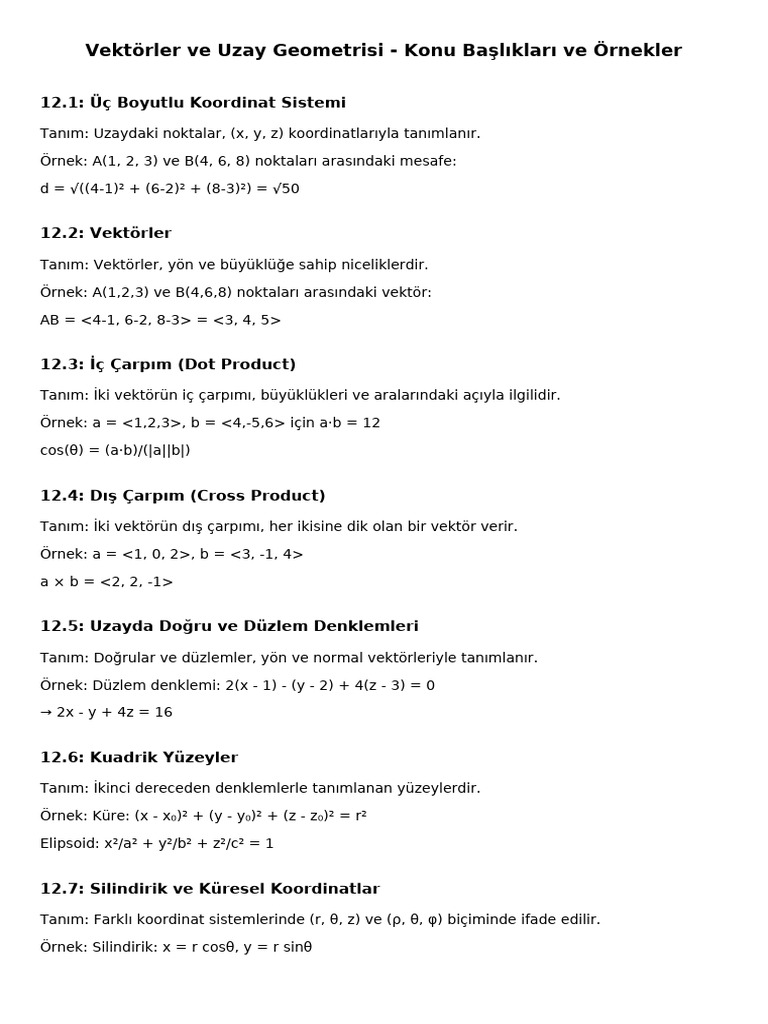 Vektorler Uzay Geometrisi Konu Ornekler | PDF