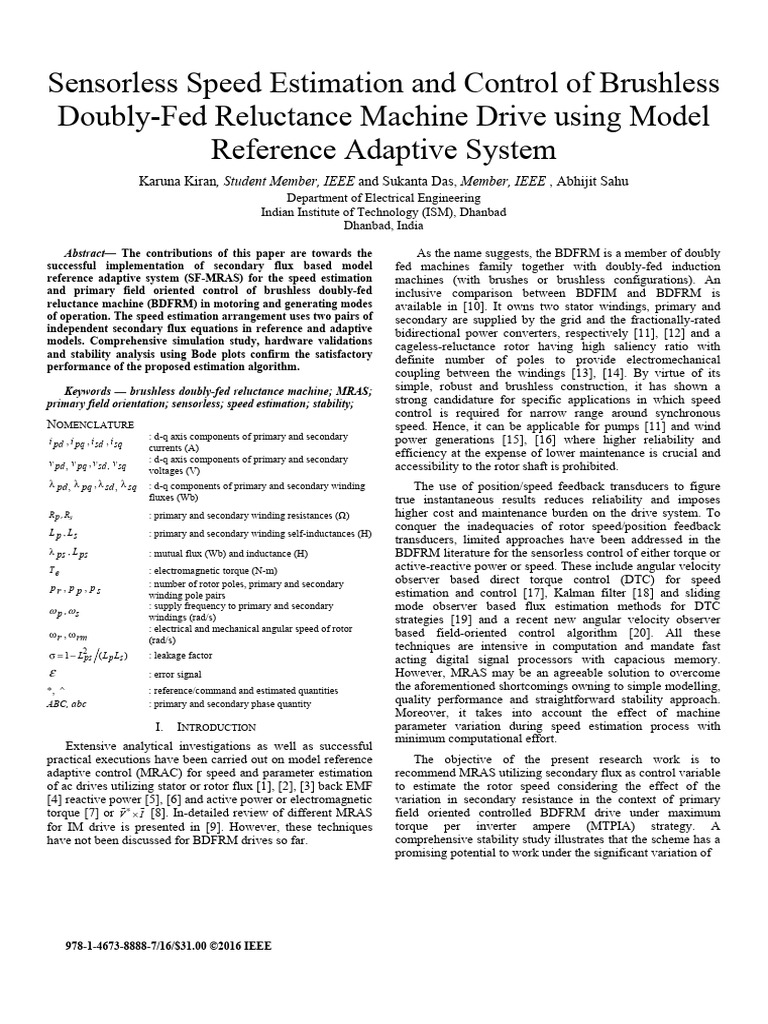 Sensorless Speed Estimation and Control of Brushless Doubly-Fed Reluctance Machine Drive Using ...
